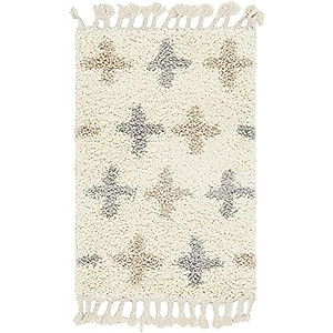 Unique Loom Hygge Shag Collection Modern Moroccan Inspired, Geometric Design, Plush & Cozy Area Rug, 2' 2" x 3' 0", Ivory/Tan