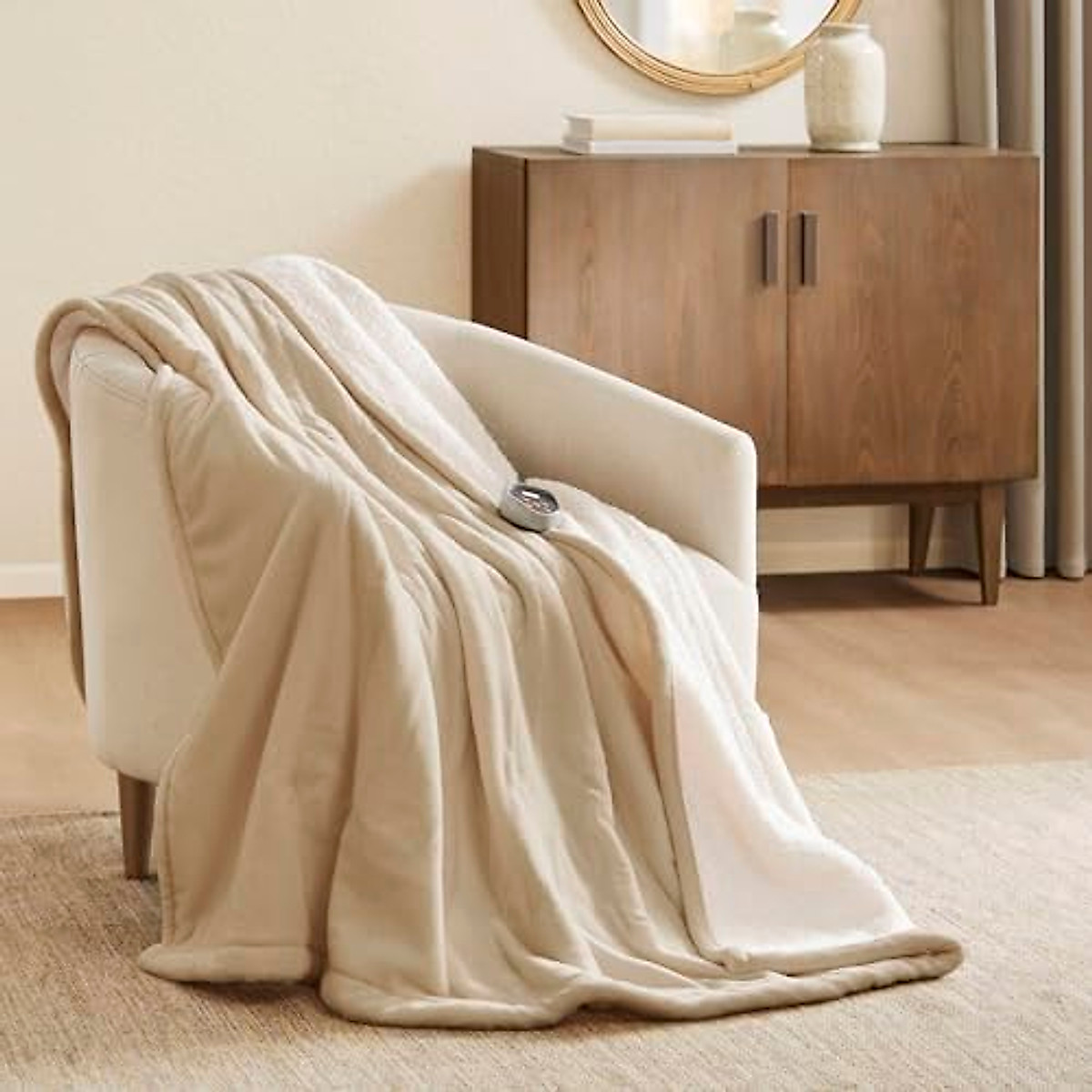 Woolrich Heated Plush to Berber Electric Blanket Throw Ultra Soft Knitted, Super Warm and Snuggly Cozy with Auto Shut Off and Multi Heat Level Setting Controllers, King: 100x90, Tan