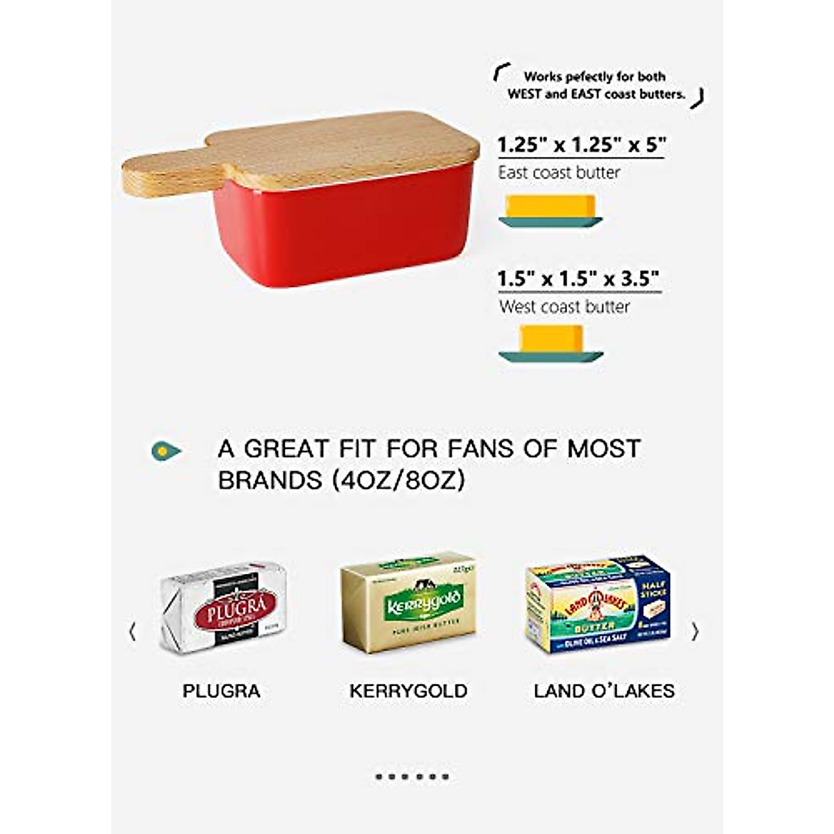 Sweese 323.104 Butter Dish with Lid and Handle, Porcelain Butter Keeper and Extended Wooden Lid, Red