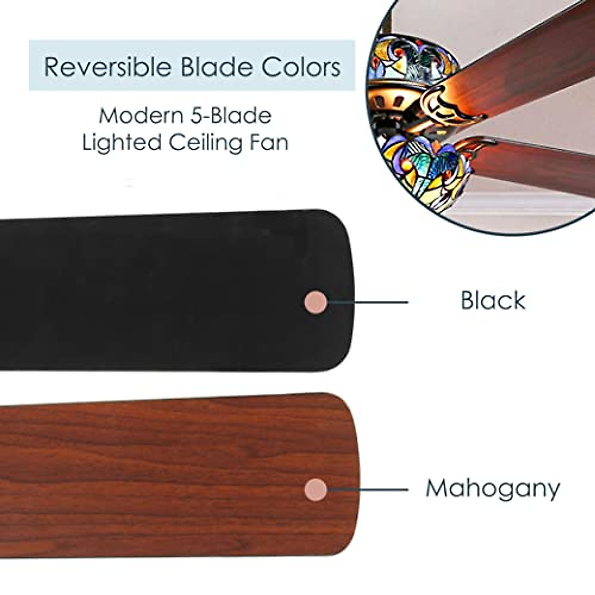 RIVER OF GOODS Tiffany-Style Halston Stained Glass Ceiling Fan - 52" L x 52" W - Mahogany and Black Fan Blades - Blue