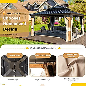RICHRYCE 13' x 15' Solid Wood Gazebo, Hardtop Gazebo Plastic Sprayed Metal Roof Outdoor Gazebo Canopy Double Vented Roof Pergolas Wood Frame with Netting and Curtains for Garden, Patio, Lawns