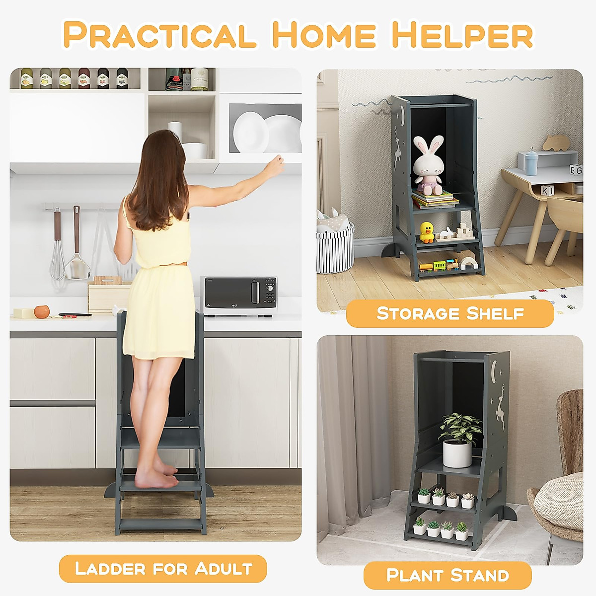 Costzon Toddler Tower, Wooden Kids Kitchen Stool Helper with Height Adjustable Platform, Safety Rail, Whiteboard & Chalkboard, Toddler Step Stool, Standing Tower for Kitchen Counter, Bathroom, Grey