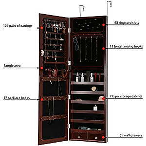 FDW Jewelry Cabinet 47.3" H Wall/Door Mounted Lockable Jewelry Armoire With 2 Drawers 6 Shelves 43.3"×10.6" Mirror High Capacity Jewelry Organizer, Brown