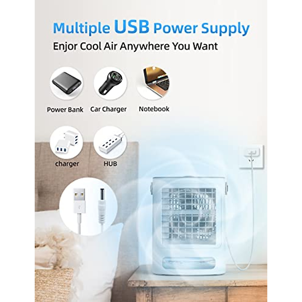 3-IN-1 Portable Air Cooler, USB Powered Desktop Cooling Fan, 3 Levels Spray Humidify & 3 Speeds Personal Air Conditioner Fan w/8 Night Light Modes, Evaporative Air Cooler for Small Room/Office/Camping