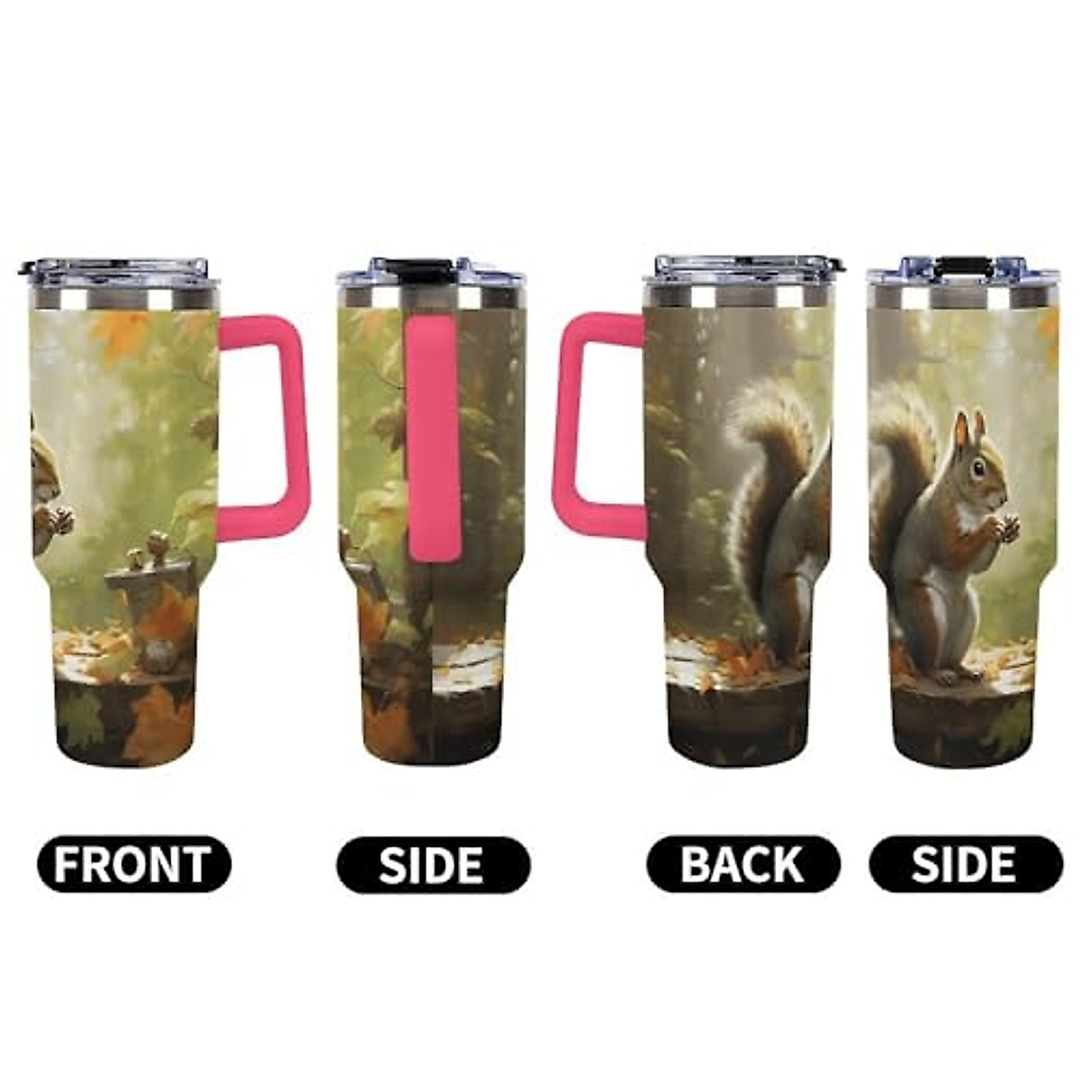 LLUTSNTH 40 Oz Vacuum Tumbler with Light Rose Red Handle Leakproof Insulated Tumbler Squirrel Eats Nuts Stainless Steel Travel Mug with Lid And Straw Coffee Cup Cute Water Bottles Cup Holder Friendly