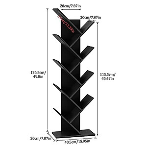 Yusong Tree Bookshelf, 9-Tier Book Tree Shelf Bookcase for Living Room Bedroom, Floor Standing Magazine CD Organizer Rack for Home Office, Black