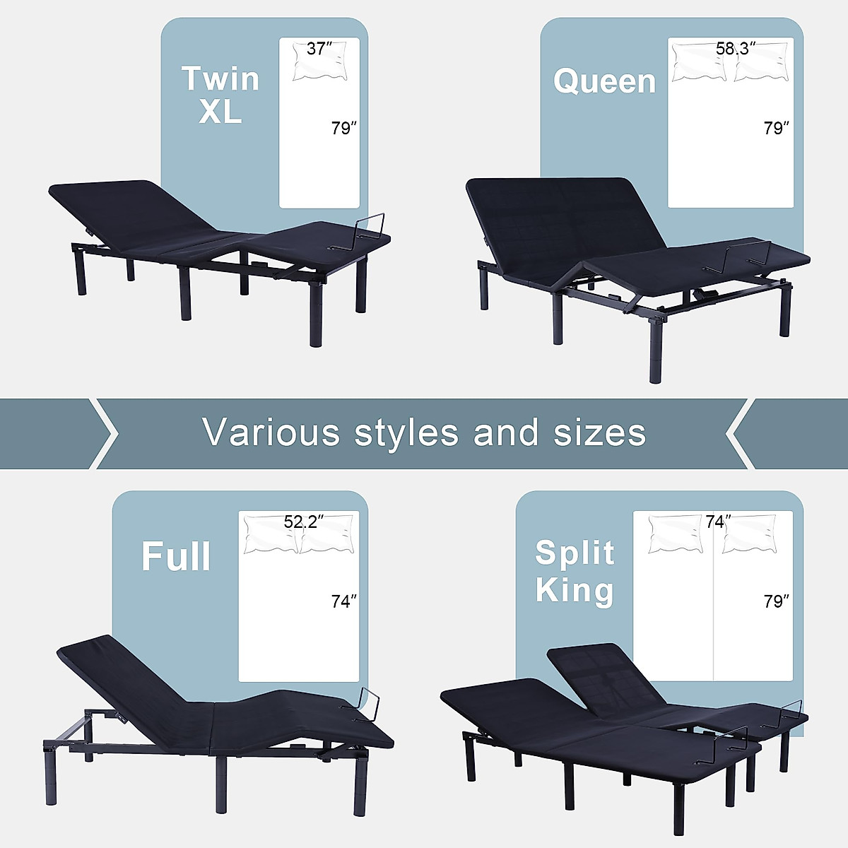 Fromann Electric Adjustable Split King Bed Base Frame with USB Ports,Zero Gravity, Under Bed Led Lighting,Three Leg Heights (Split King)