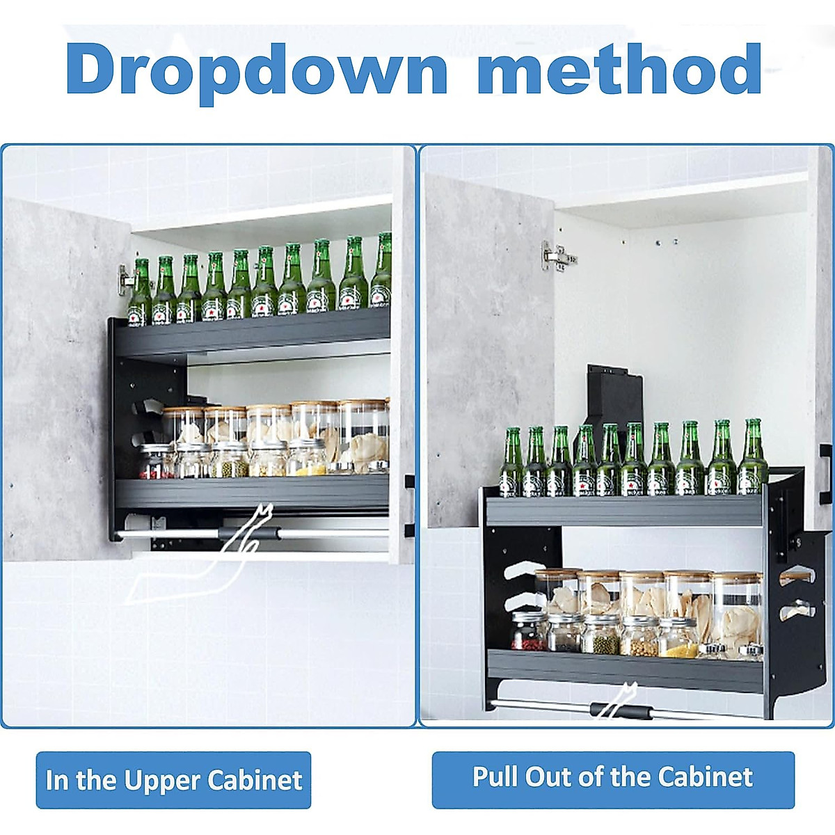 YIYIBYUS Pull Down Shelf,Pull Down Shelf Cabinet Organizer,24 Inch Kitchen Pull Out Cabinet Organizer,Convenient Heavy-Duty 2-Tier Wall Pull Down Shelf