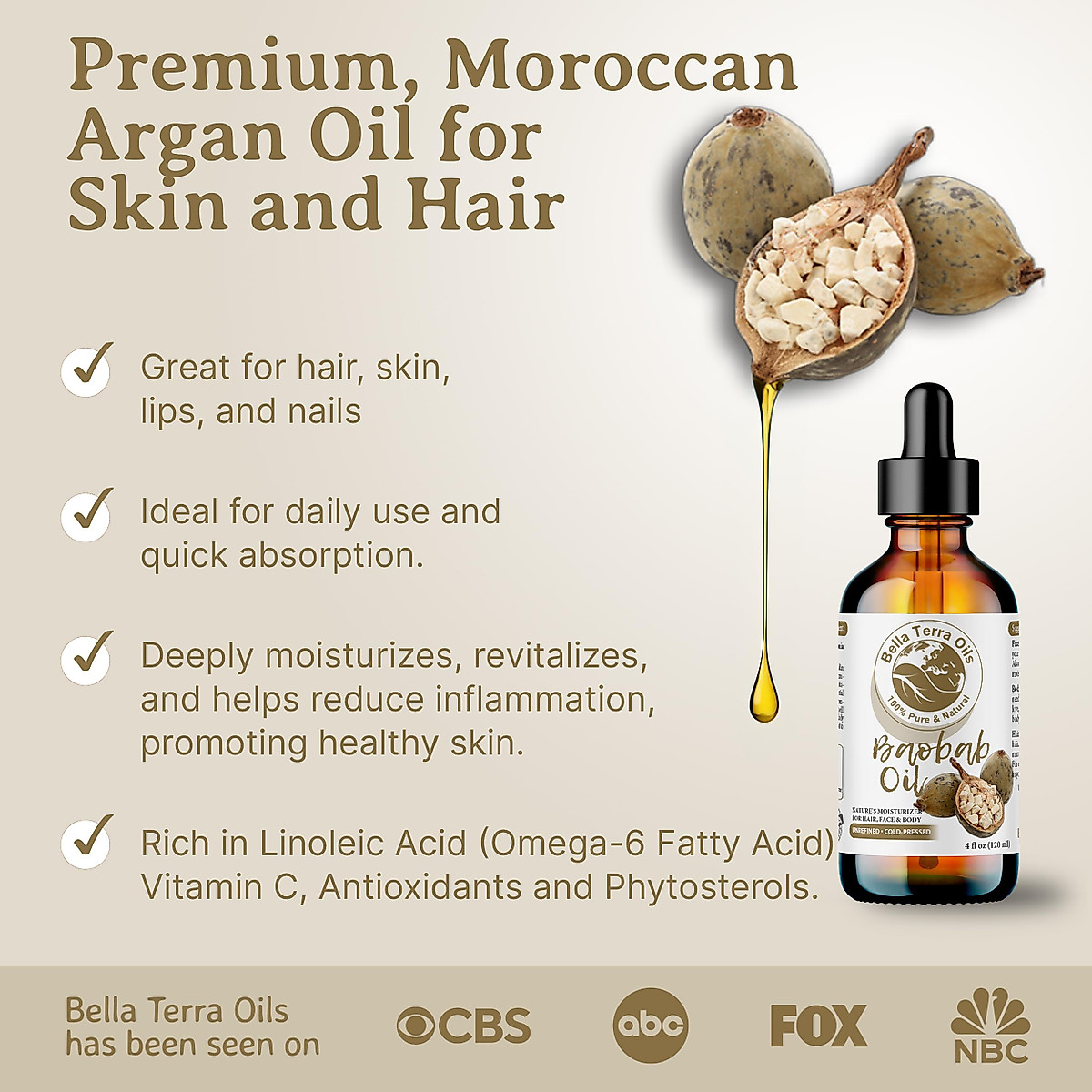 Bella Terra Oils - Baobab Oil 2oz - Infused with Polyphenols & Bioflavonoids, Unearth the Secrets of Nature for a Flawless Skin Appearance