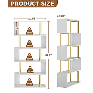 Gadroad 5 Tier Geometric Bookcase,S Shaped Bookshelf, Wood Decorative Storage Shelving, Modern Freestanding Display Shelves, Tall Book Shelf Unit for Living Room Bedroom, Gold