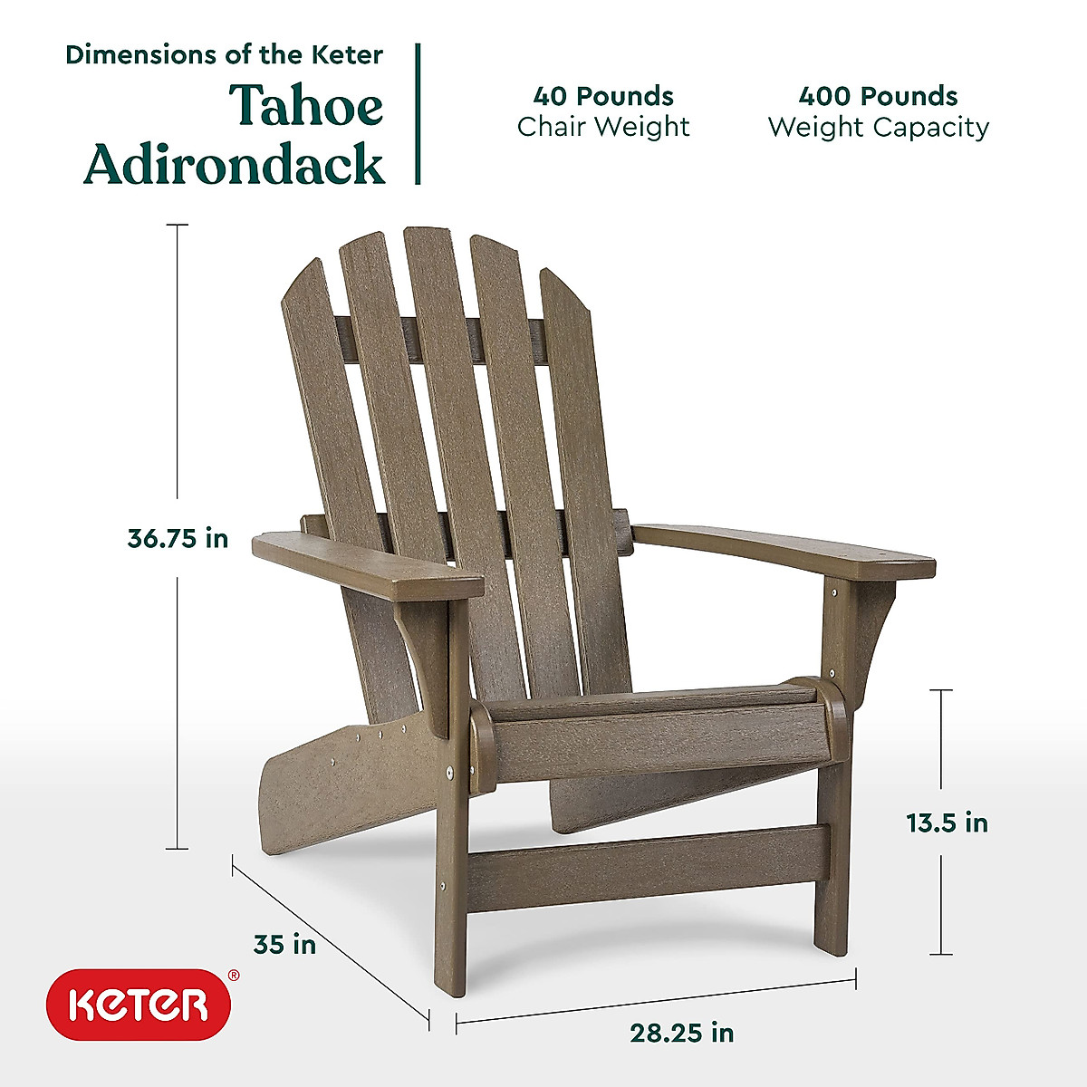 Keter Tahoe Adirondack Chair with Weatherproof Finish, Outdoor Furniture for Entertaining by The Pool, Patio, and Fire Pit, Easy Assembly for Sturdy and Steady Outdoor Seating, Weatherwood