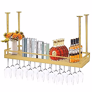 KEPMOGOH Ceiling Wine Glass Rack, Adjustable Hanging Metal Wine Holder Cabinet, Floating Iron Bottle Holder Wine Shelf, Wall-Mounted Wine Rack Storage Shelve for Bar Cafe Kitchen Party (47.2in)