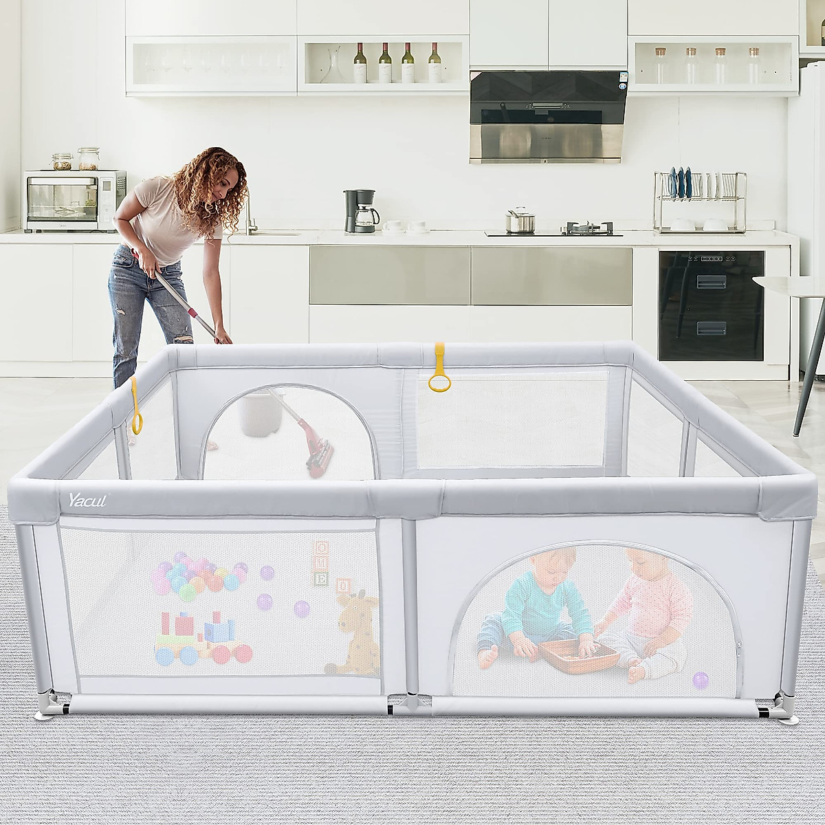 Baby Playpen, 71"x59" Play Pens for Babies and Toddlers, Extra Large Infants Playpen Gate Kids Safety Play Yard (Light Gray)