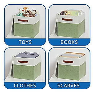 Temary Fabric Storage Cubes Bins with Lids Storage Baskets 13x13 Foldable Storage Bins Cubes Boxes, Canvas Storage Bin for Shelves, Bedroom, Nursery, Closet (White&Green, 13x13x13inch)