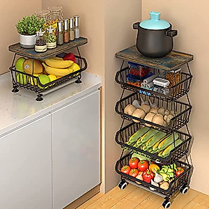BEEY Vegetable Storage Rack with Wood Tabletop 5 Tier Stackable Storage Baskets with Wheels Vegetable Fruit Baskets Utility Cart Rack for Pantry,Garage