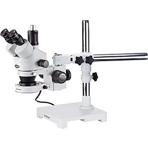 AmScope SM-3TZ-80S Professional Trinocular Stereo Zoom Microscope, WH10x Eyepieces, 3.5X-90X Magnification, 0.7X-4.5X Zoom Objective, 80-Bulb LED Ring Light, Single-Arm Boom Stand, 90V-265V, Includes 0.5X and 2.0X Barlow Lenses