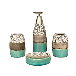 4 Piece White Stone Bathroom Accessory Set - Soap Dispenser, Soap Dish, Tumbler, & Toothbrush Holder (Blue)