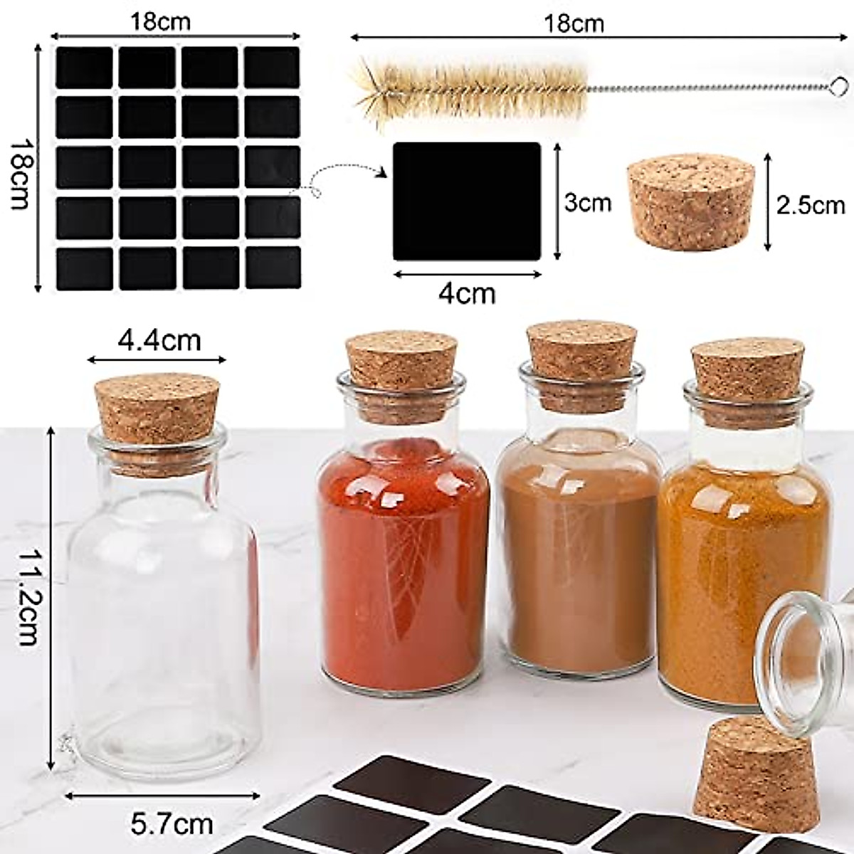 CUCUMI 12pcs 150ml Glass Spice Jars with Lids Reusable Glass Spice Bottles with Cork, 100pcs Blank Square Stickers 1pcs Test Tube Brush for Storing Tea Herbs and Spices
