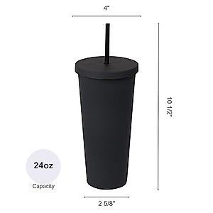 Zephyr Canyon 24oz Matte Black Tumblers with Lids and Straws - Pastel Double Wall Tumbler - Insulated Acrylic Cups for Hot & Cold Drinks, Spill-Proof Reusable Iced Coffee Cup, Set of 4