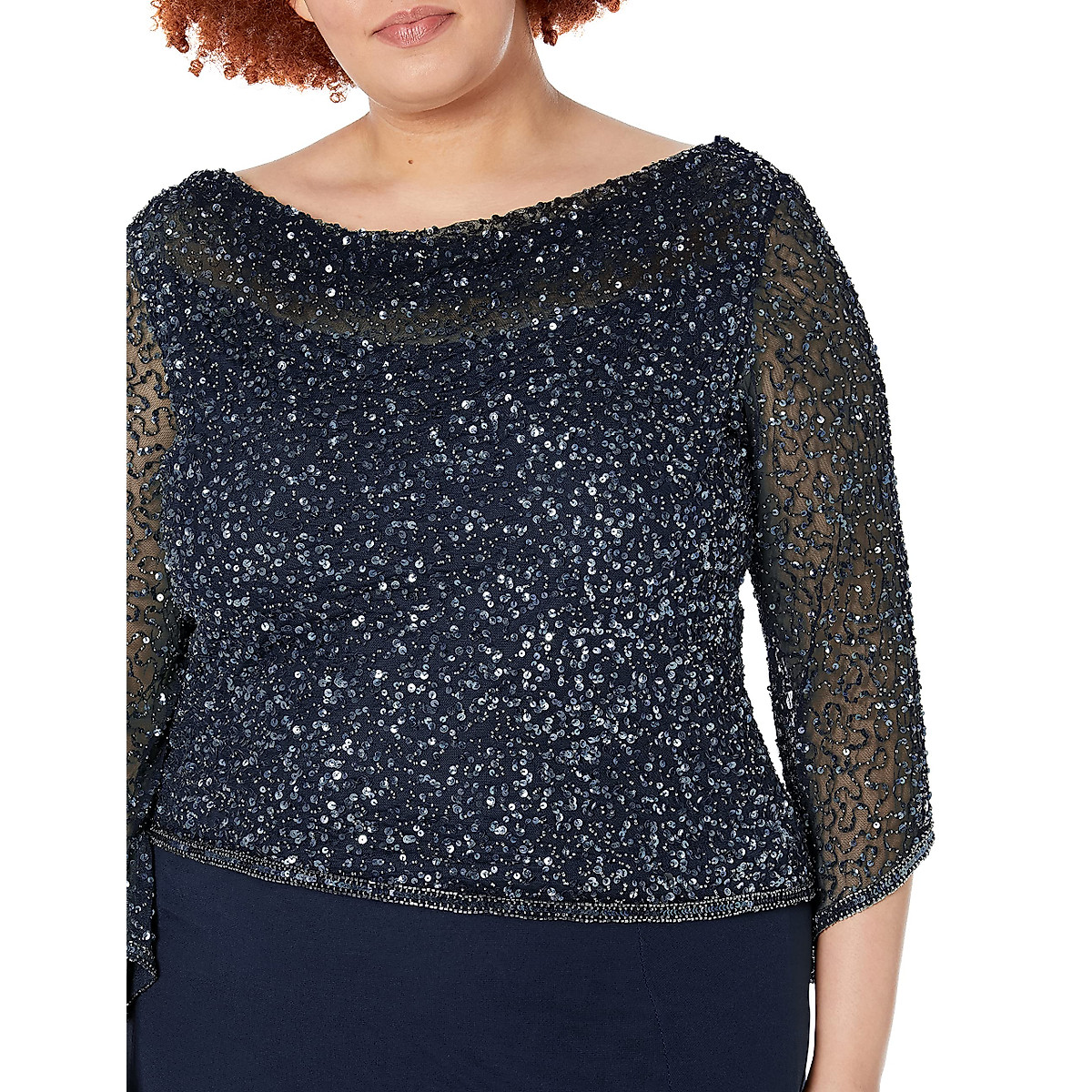 J Kara Women's Plus Size Long Beaded Dress with Cowl Neck, Navy/Mercury, 20W