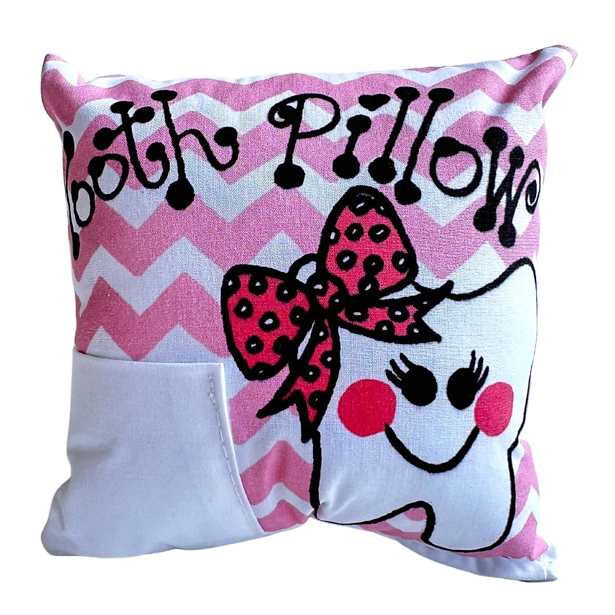 Bunnies and Bows Tooth Fairy Pillow with Tooth Fairy Dust and Poem - Tooth with Bow on Chevron Print (Pink)