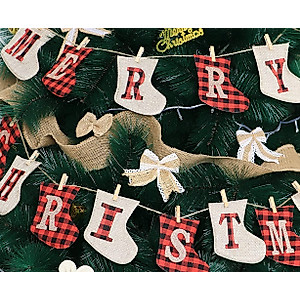 Merry Christmas Banner, Rustic Christmas Tree Ornaments Stocking Decorations, Unique Hand-Sewn Burlap Socks Shaped Christmas Tree Decorations, Stockings for Home Office Party Fireplace Decoration