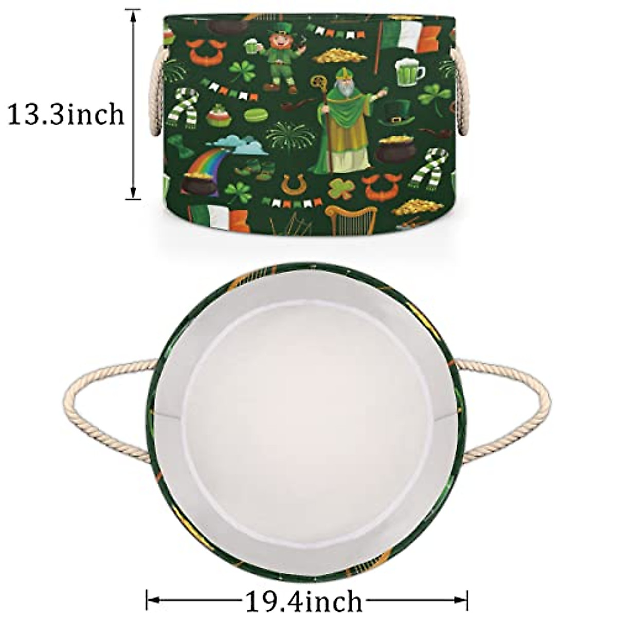 St. Patricks Day Rainbow Large Round Baskets for Storage Laundry Baskets with Handles Blanket Storage Basket for Bathroom Shelves Bins for Organizing Nursery Hamper Girl Boy