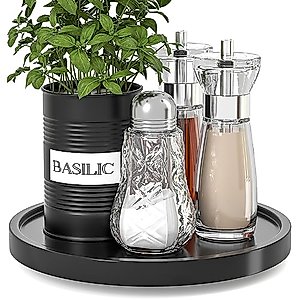 Lazy Susan Organizer for Table Cabinet, 9 inch Bamboo Kitchen Countertop Organizer for Salt Olive Oil and Pepper Counter Sink Trays Wooden Turntable for Spice Soap Bottles Dining Room Decor Black