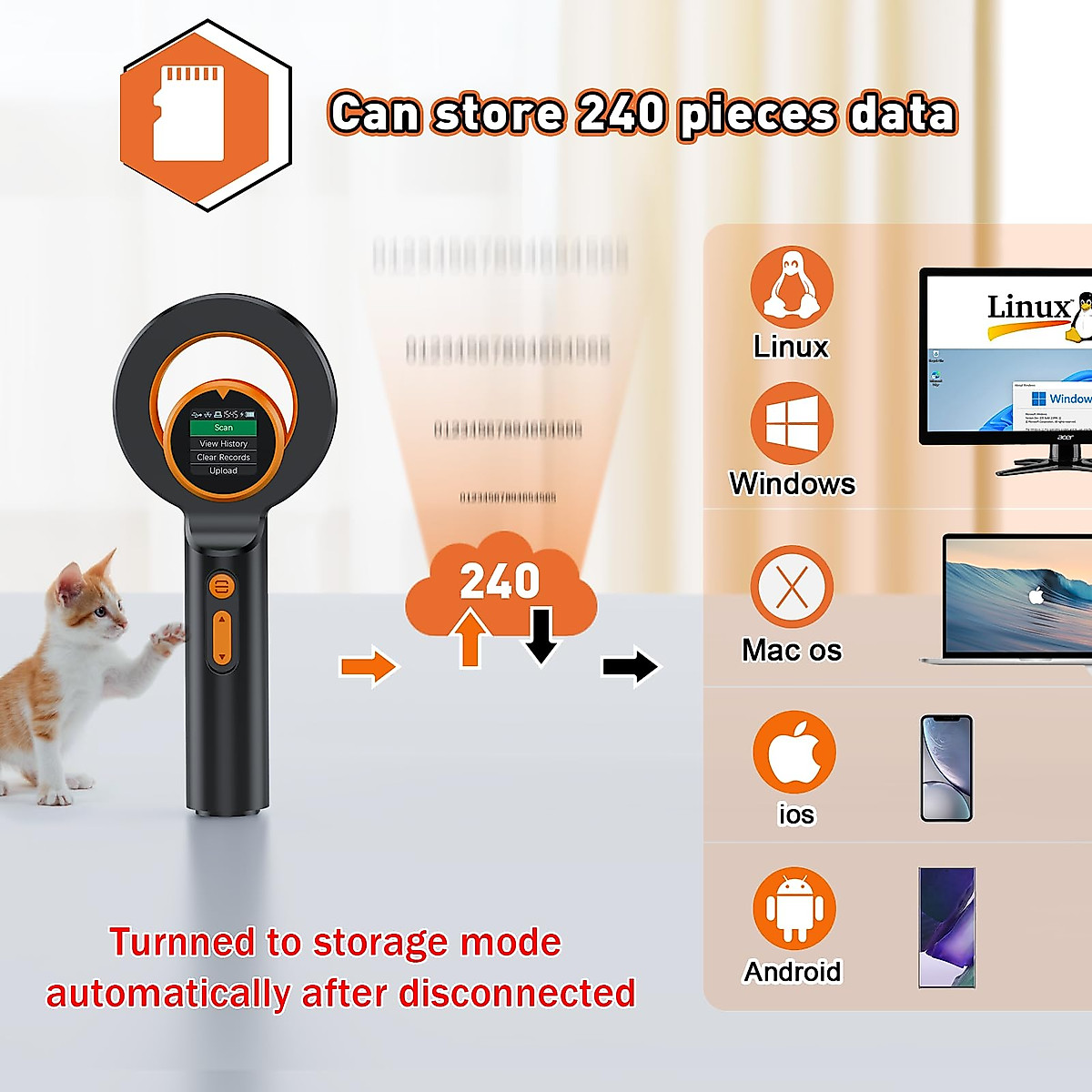 Pet Microchip Scanner,Alacrity 3-IN-1 Connections(2.4GHz Wireless+Bluetooth+USB)Animal Universal Microchip Tag Reader Scanner with 1.44” TFT Screen,800mA*H Rechargeable Battery,240 Pieces Data Storage