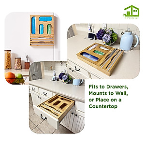 TYDDUP - 6 in 1 Ziplock Bag Organizer with Alum. Foil/Plastic Wrap Dispenser with Cutter & Labels for Kitchen Drawer |Bamboo Kitchen Organization |Compatible Gallons,Quarts,Snack,and Sandwich Bags.