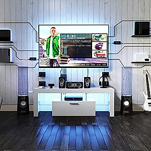 LMEREODY Modern LED TV Stand for 32/40/50/55 inch TV, Gaming Entertainment Center with LED Lights, High Glossy Television Stands with Storage, White Wood TV Console for Living Room, Bedroom