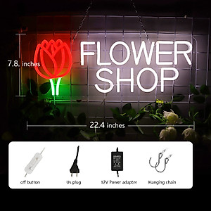 Large Drive Thru Open Neon Signs 23.2 * 15 Inch(Red+Blue+White) + Large Flower Shop Neon Signs 22.4 * 7.9 Inch(Red + Green + White)