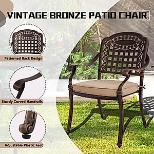 MAGIC UNION 2 Pieces Patio Dining Chairs, Outdoor Cast Aluminum Chairs with Armrest, Patio Bistro Chair Set of 2 for Garden, Backyard, Deck (2pcs A- Grid Chair with Khaki Cushion)
