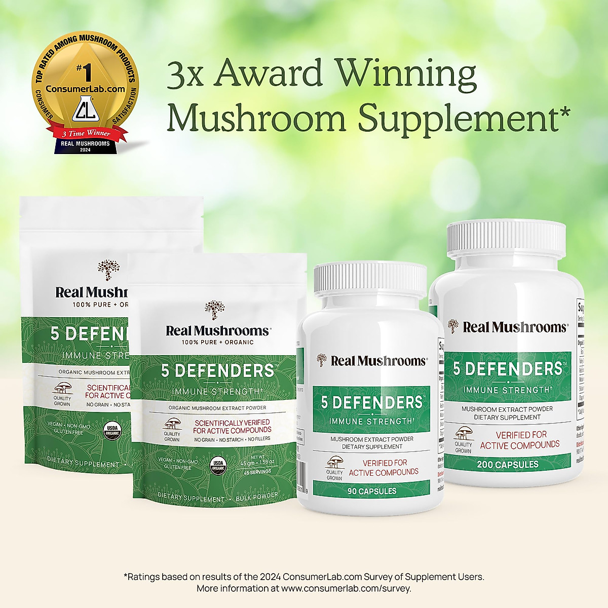 Real Mushrooms 5 Defenders Capsules - Organic Mushroom Extract w/ Chaga, Shiitake, Maitake, Turkey Tail, & Reishi - Mushroom Supplement - Vegan, Non-GMO, 90 Caps