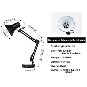 FIRVRE Metal Desk Lamp Black Adjustable Flexible Goose Neck Swing Arm Table Lamp with USB Charging Port Portable Eye-Caring Reading Lamp for Home Office Work Study Reading E26 Base Multi-Joint