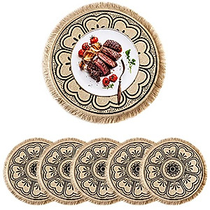 Round Burlap Woven Placemats Set of 6 15-Inch Jute Table Mats with Fringe Pompom Reusable Boho Farmhouse Rustic Place Mats for Parties Weddings Holiday Farmhouse Coffee Bar Decor (Style 5)