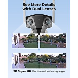 Reolink Duo - 2K Wireless Security Camera Outdoor, Dual Lens Ultra-Wide View, Color Night Vision, Battery Solar Powered, 2.4/5 GHz WiFi, 2-Way Talk, Person/Vehicle Detection, IP66 Waterproof