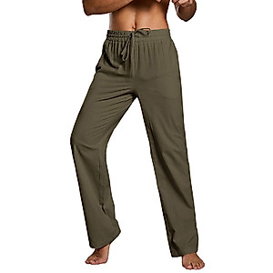 PASLTER Mens Casual Linen Pants Loose Fit Straight-Legs Elastic Drawstring Waist Summer Beach Yoga Long Pants