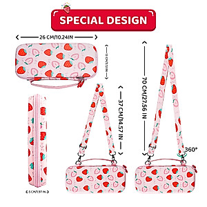 FANPL Cute Carry Case Bundle for Nintendo Switch OLED 2021, Cover Accessories Set with Pink Strawberry Travel Bag, Glitter Strawberry PC Shell, Adjustable Shoulder Strap, Thumb Grips, Screen Protector