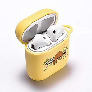 JOYLAND Yellow Case Cover for AirPod 1&2 w/Keychain Ring Carabiner Clip,Lovely Sloth Case Wireless Earphone Case Smooth Anti-dust Silicone Protective Cover Soft Skin Cute Case fr AirPods 1 & 2