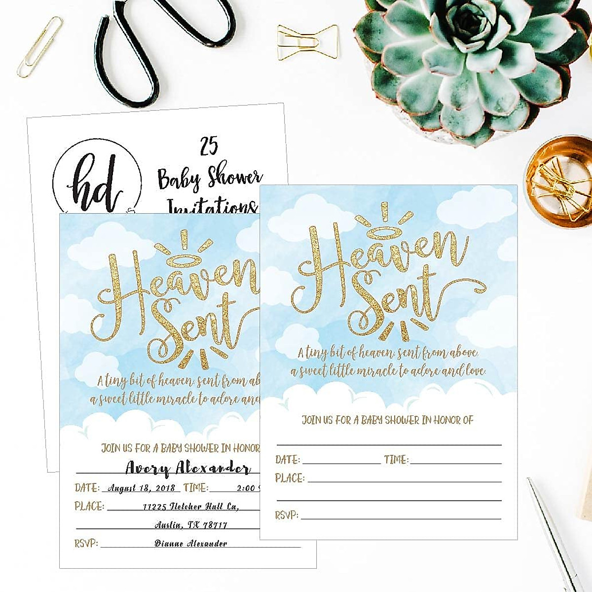 Hadley Designs 25 Blue Boy Heaven Sent Clouds Baby Shower Invitations, 25 Baby Shower Diaper Raffle Tickets For Baby Shower, Celestial Angel Fill or Write in Card, Diaper Raffle Cards, Baby Shower