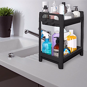 Multipurpose Under Sink Storage Rack for Closet Cabinet,Under Bathroom Kitchen Sink Organizer,2 Tier Countertop Collection Baskets Shelf with Hooks for Home Office (Black)