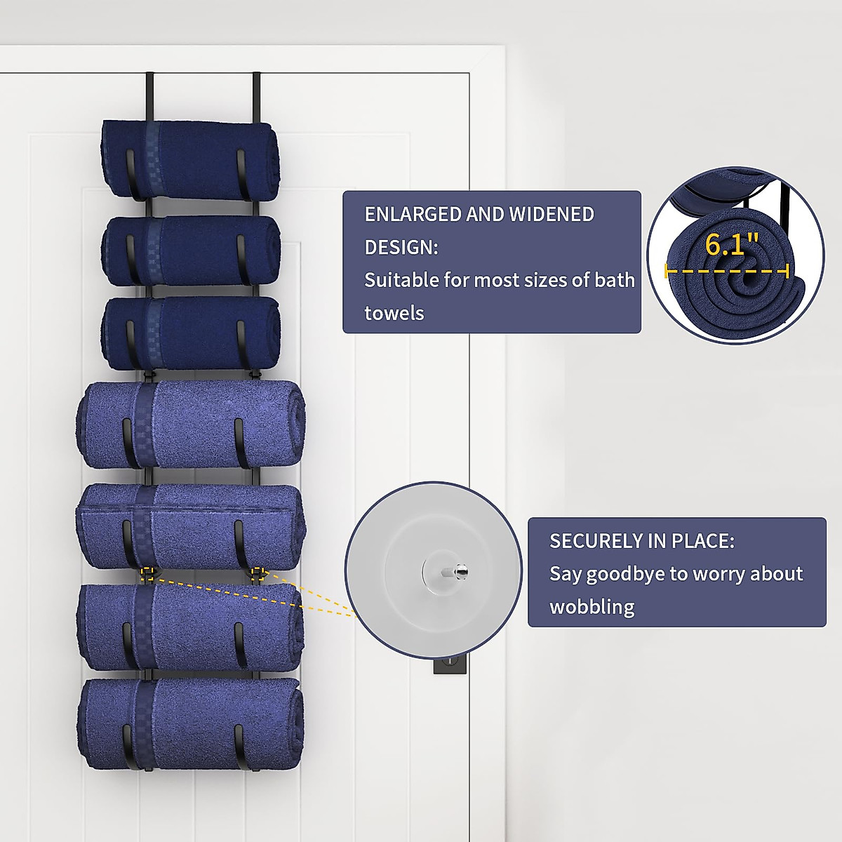 XRMAO Upgrated 7-Tier Over The Door Towel Racks, Metal Wall Mounted Towel Holder with Adjustable Door Hooks, Rolled Towel Organizer for Bathroom, Laundry Room, Black