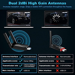 USB WiFi 6 Adapter for PC, AX1800 USB3.0 Wireless WiFi Adapter for Desktop PC with 5G/2.4G High Gain Antenna, Drive Free 1800Mbps Dual Band WiFi Dongle, PC WiFi Adapter Only Support Win10/11