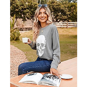 Blooming Jelly Women's Halloween Sweatshirts Skull Graphic T Shirts Long Sleeve Pullover Gothic Fall Trendy Outfits 2024 (Large, Grey)