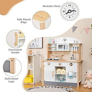 Costzon Kids Kitchen Playset, Wooden Pretend Cooking Toy with Sink & Faucet, Microwave, Dish Rack, Washing Machine, Play Kitchen with 15 PCS Toy Accessories for Toddlers, Gift for Boys Girls 3+