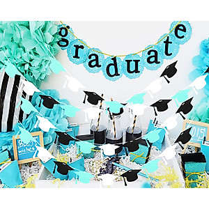 Graduation Decorations Turquoise Black 2023/4pcs Graduation Hat Banner Garlands Teal White Black for Class of 2023 Graduation Party Supplies Teal Grad