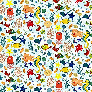 Sea Critter Friends Design 100% Cotton Quilting Fabric by The Yard (Light Blue, Yellow, Red, Orange)