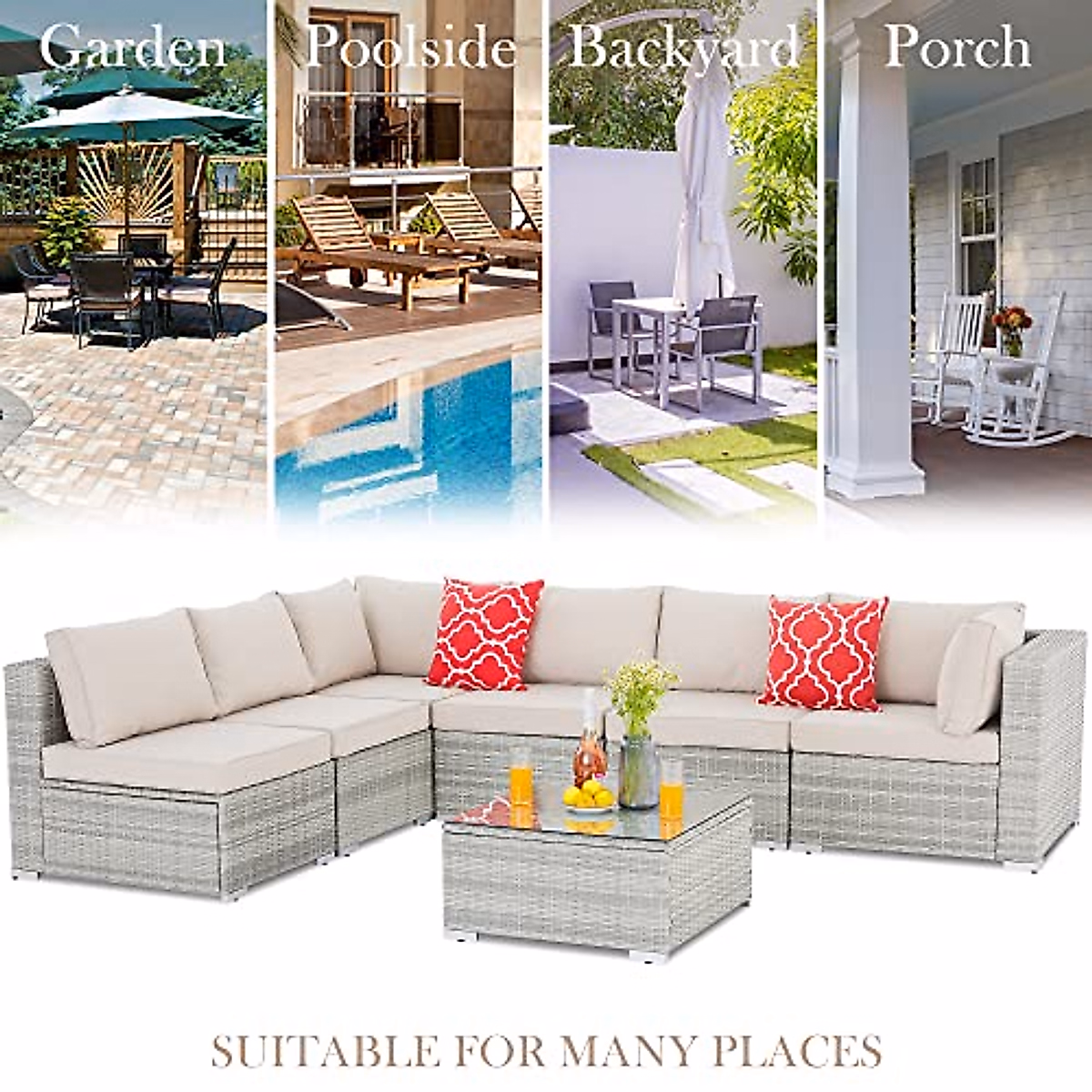 Polaris Garden 7 Pieces Patio Furniture Sets, All-Weather Grey Wicker Outdoor Sectional Couch, Patio Rattan Conversation Sofa Sets with Glass Coffee Table and Washable Cushions for Garden Yard (Beige)