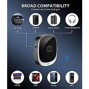 COMSOON AUX Bluetooth Adapter for Car, [LED Screen] Bluetooth 5.3 Receiver for Speaker/Home Stereo/Wired Headphones, Noise Cancelling Wireless Audio Receiver for Hands-free Call/Music, Dual Connection
